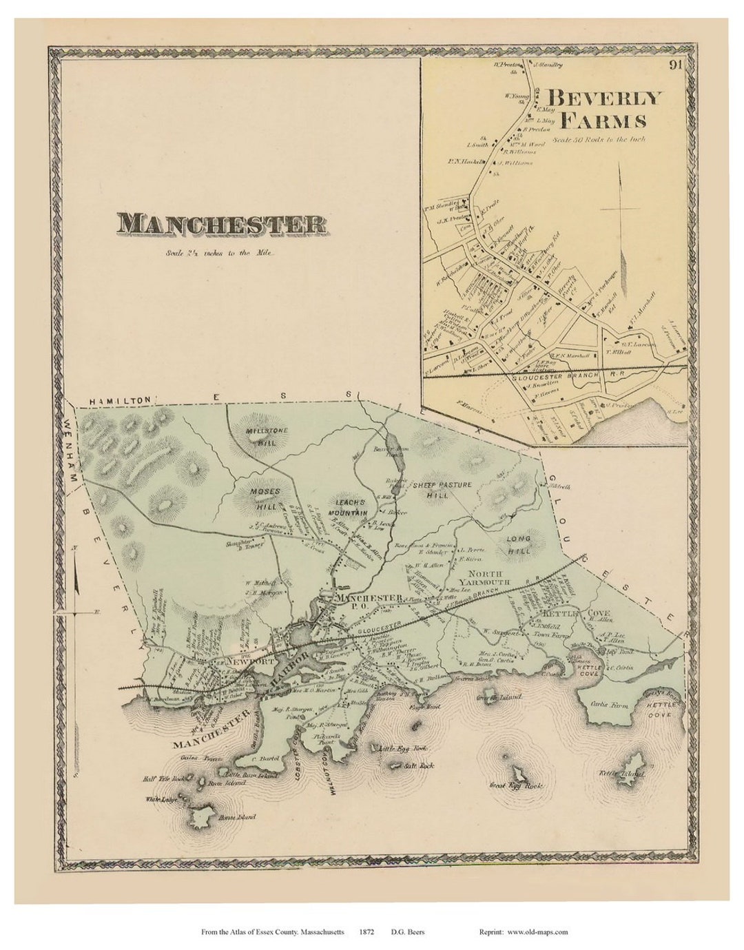Manchester 1872 - Old Town Map Reprint - Beverly Farms, Essex County ...