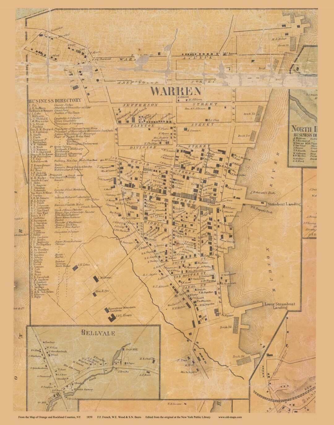 Haverstraw Village 1859 Old Map Homeowner Names - Genealogy - Rockland ...