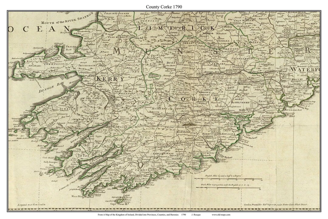 County Cork - Ireland (corke) - From 1790 Roque Map - Clan Names - Old ...