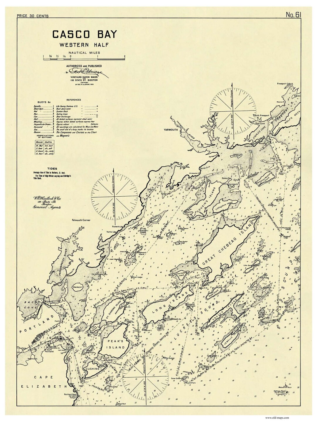 Casco Bay West 1909 Harbor Chart Nautical - Maine - Eldridge 61 - Reprint - Etsy