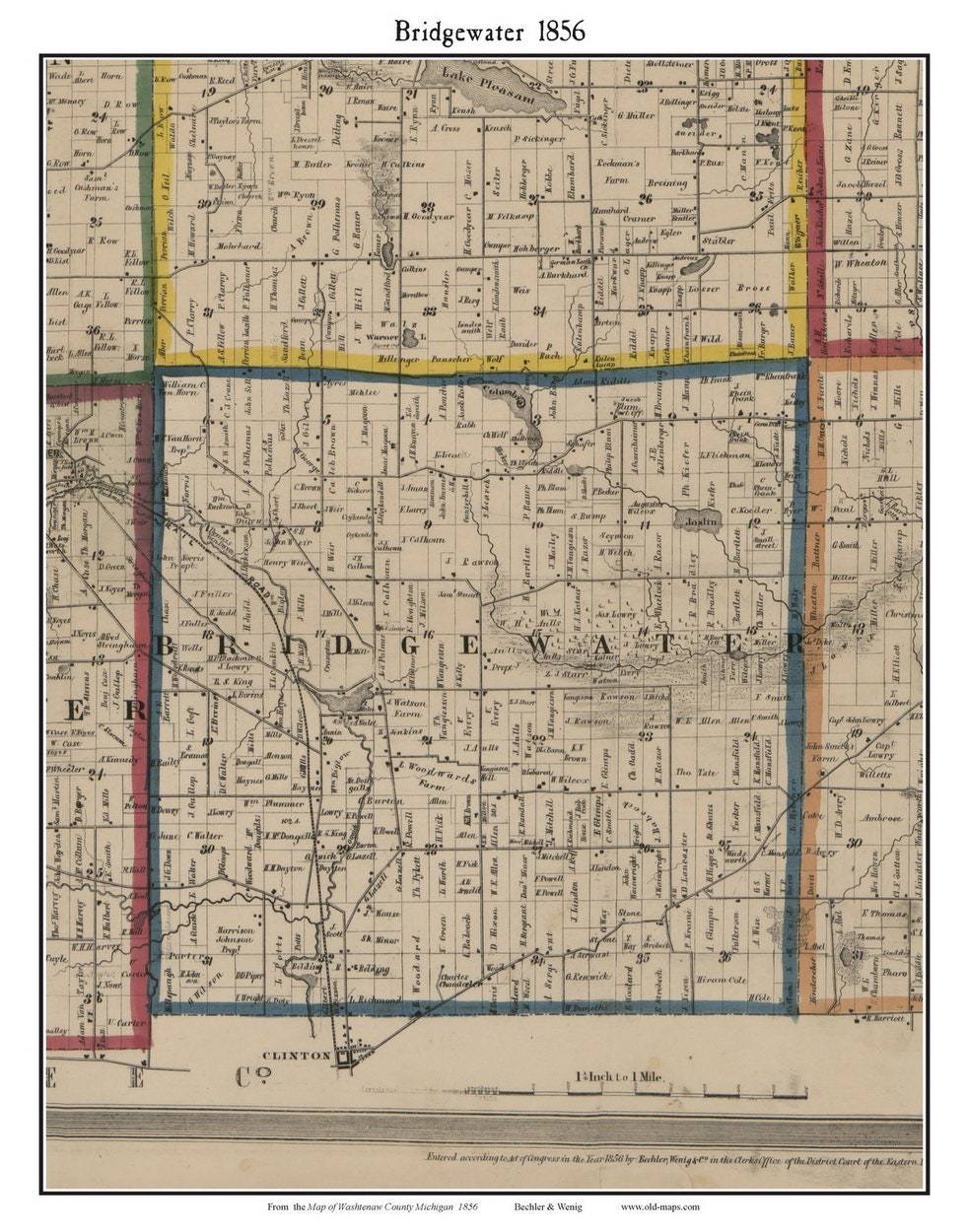 Bridgewater 1856 Old Town Map With Homeowner Names Michigan - Reprint ...