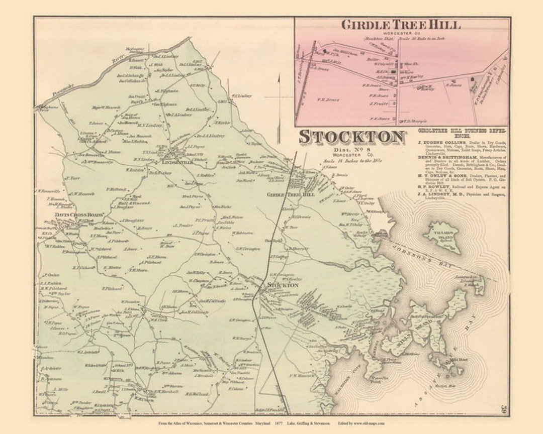 Stockton 1877 Old Town Map Girdle Tree Hill - Homeowner Names Worcester ...