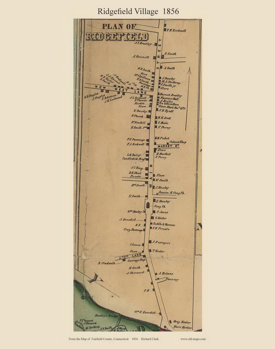 Ridgefield Village 1856 Old Town Map With Homeowner Names Connecticut ...