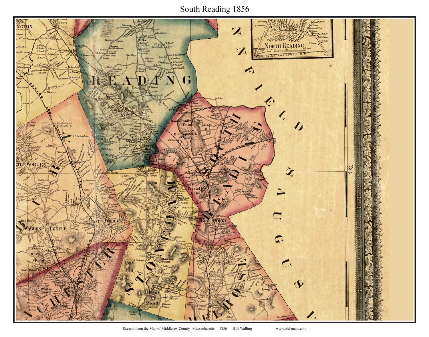 South Reading 1856 Old Town Map With Homeowner Names Massachusetts Lake ...