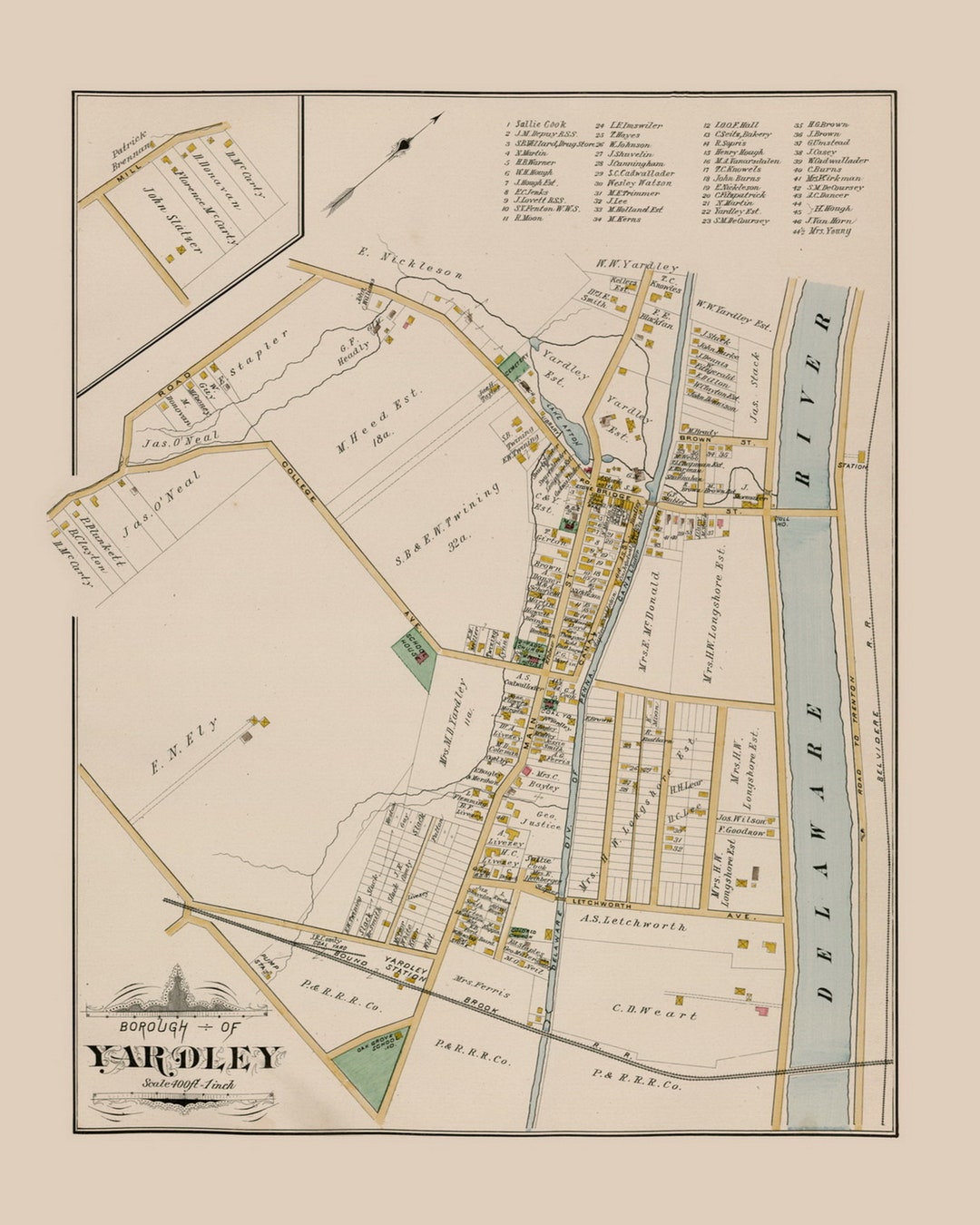 Yardley Borough 1891 Old Town Map With Homeowner Names Pennsylvania ...