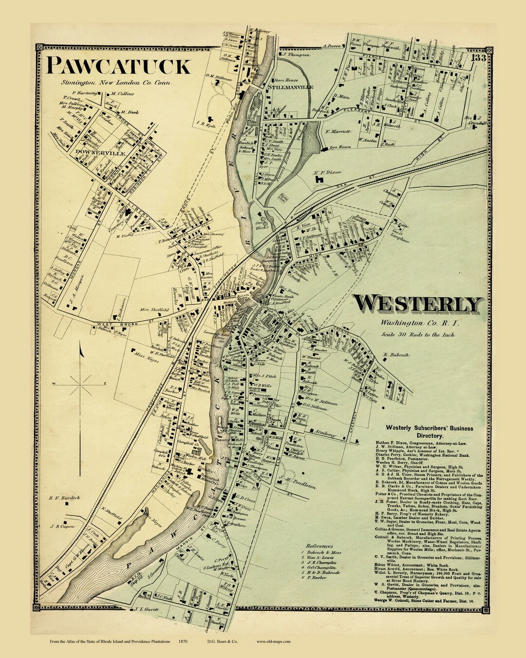 Westerly Village Rhode Island 1870 Old Town Map Pawcatuck Connecticut ...