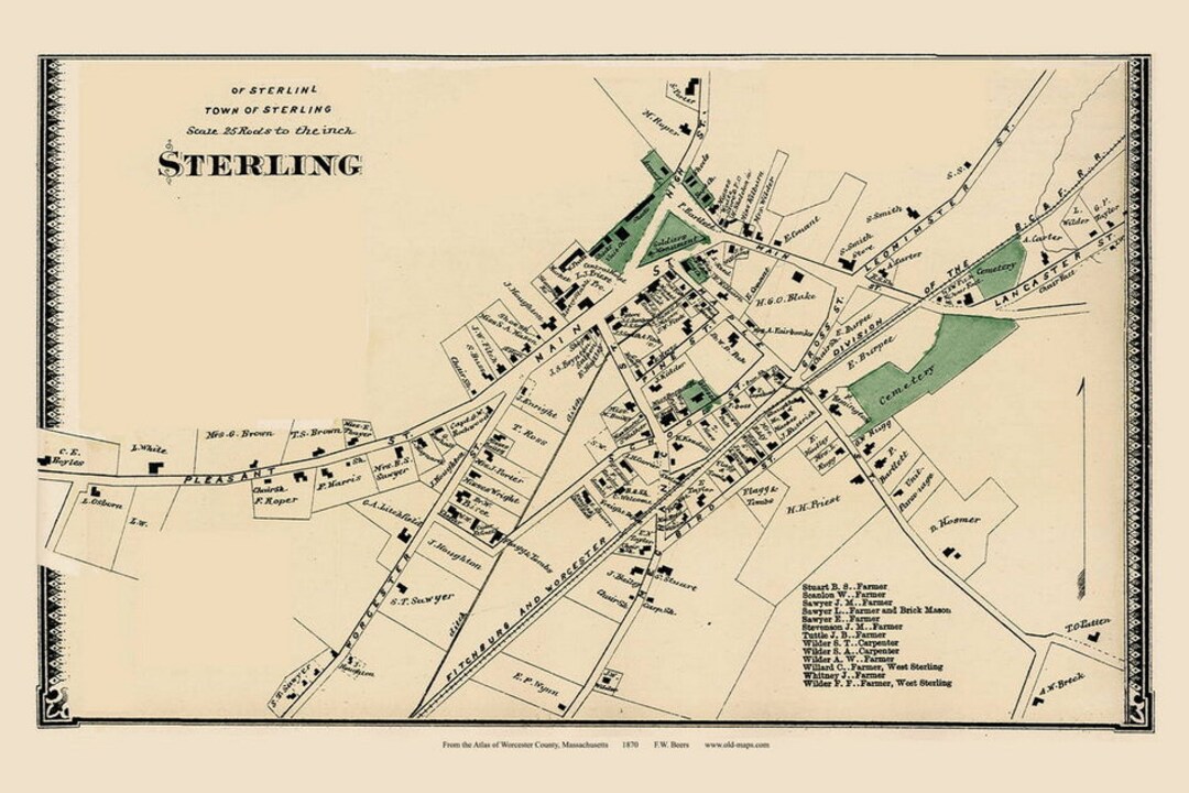 Sterling Village 1870 Old Town Map With Homeowner Names Massachusetts ...