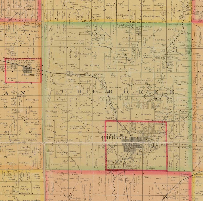 Cherokee County Iowa 1884 Old Wall Map With Landowner Names Farm Lines ...