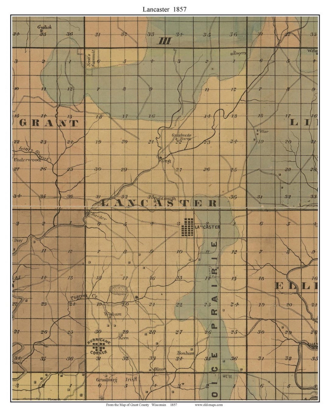 Lancaster 1857 - Old Town Map With Homeowner Names - Wisconsin ...