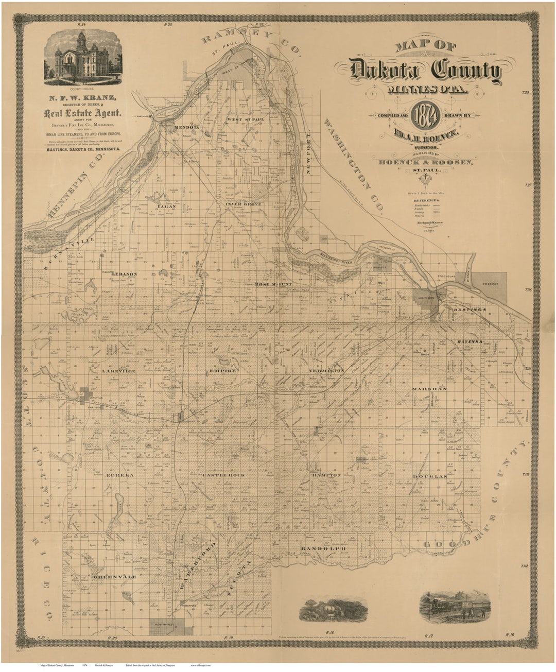 Dakota County Minnesota 1874 - Old Wall Map Reprint With Homeowner ...