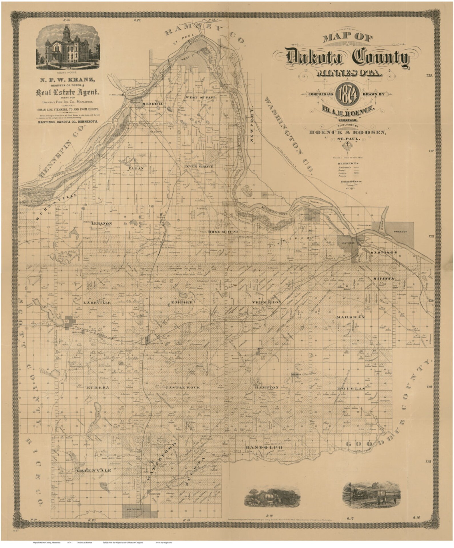 Dakota County Minnesota 1874 - Old Wall Map Reprint With Homeowner ...