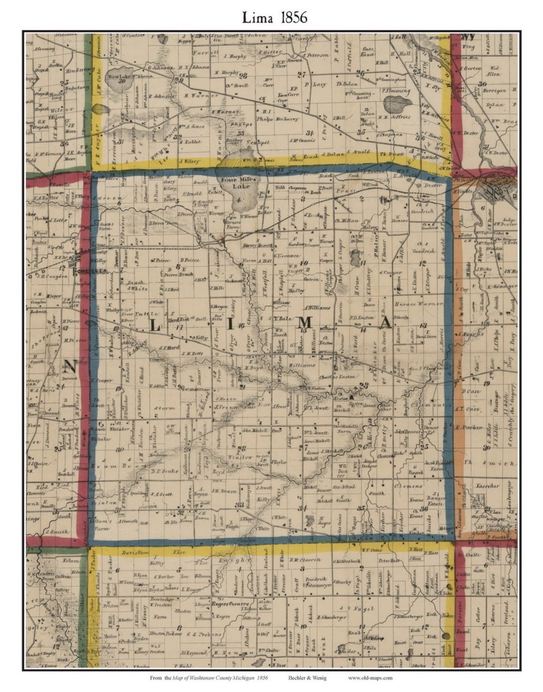 Lima 1856 Old Town Map With Homeowner Names - Four Miles Lake ...