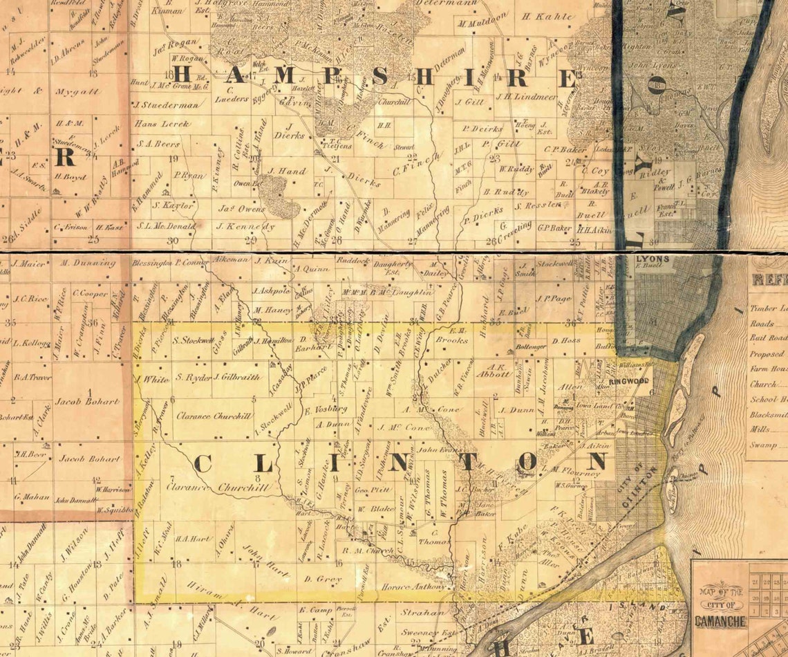 Clinton County Iowa 1865 Old Wall Map With Landowner Names Farm Lines ...