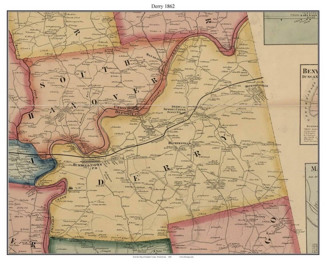 Derry 1862 Old Town Map With Homeowner Names Hershey - Pennsylvania ...