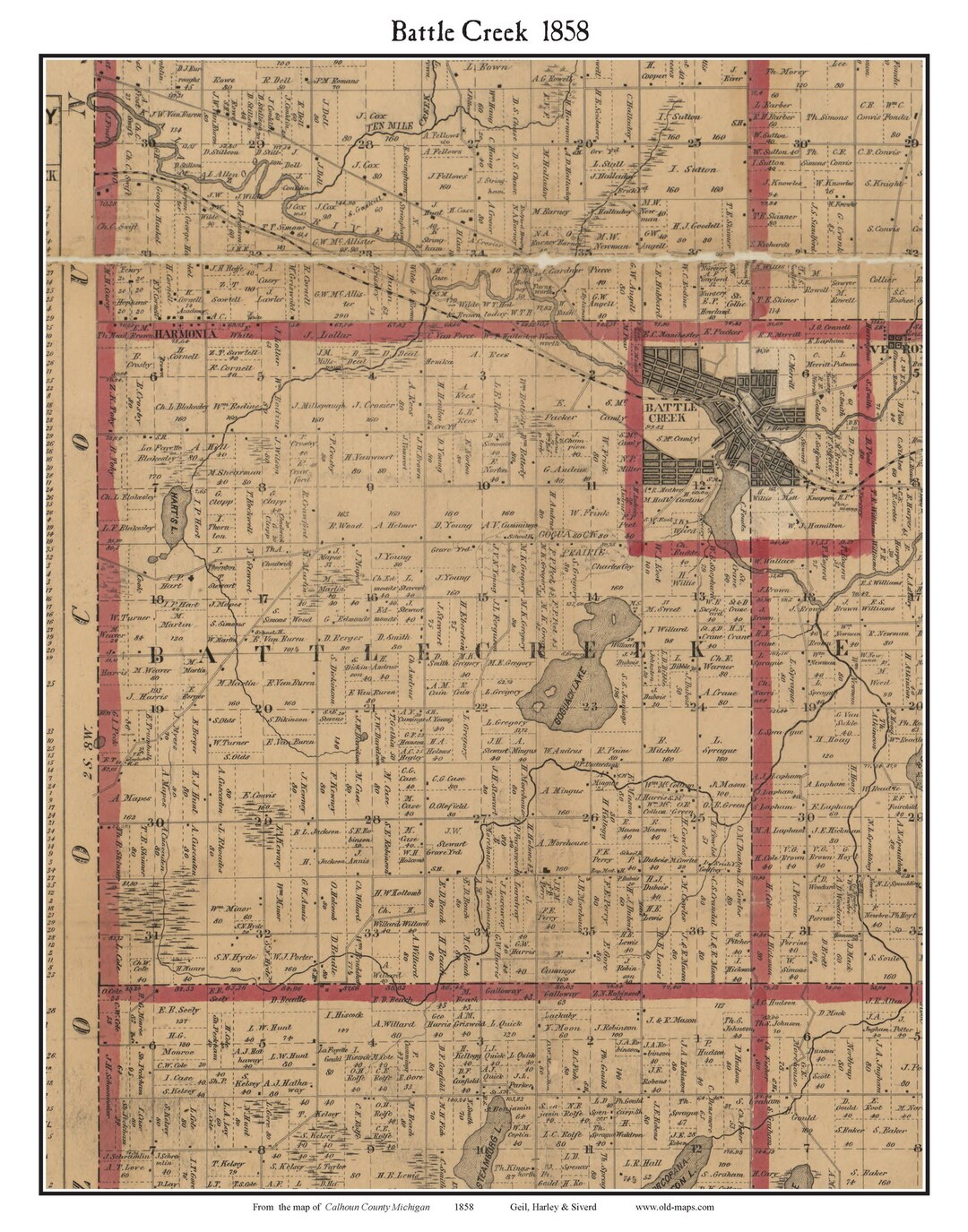 Battle Creek 1858 Old Town Map With Homeowner Names - Harmonia - Harts ...