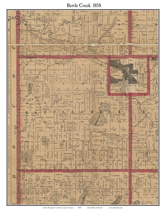 Battle Creek 1858 Old Town Map With Homeowner Names Harmonia - Etsy