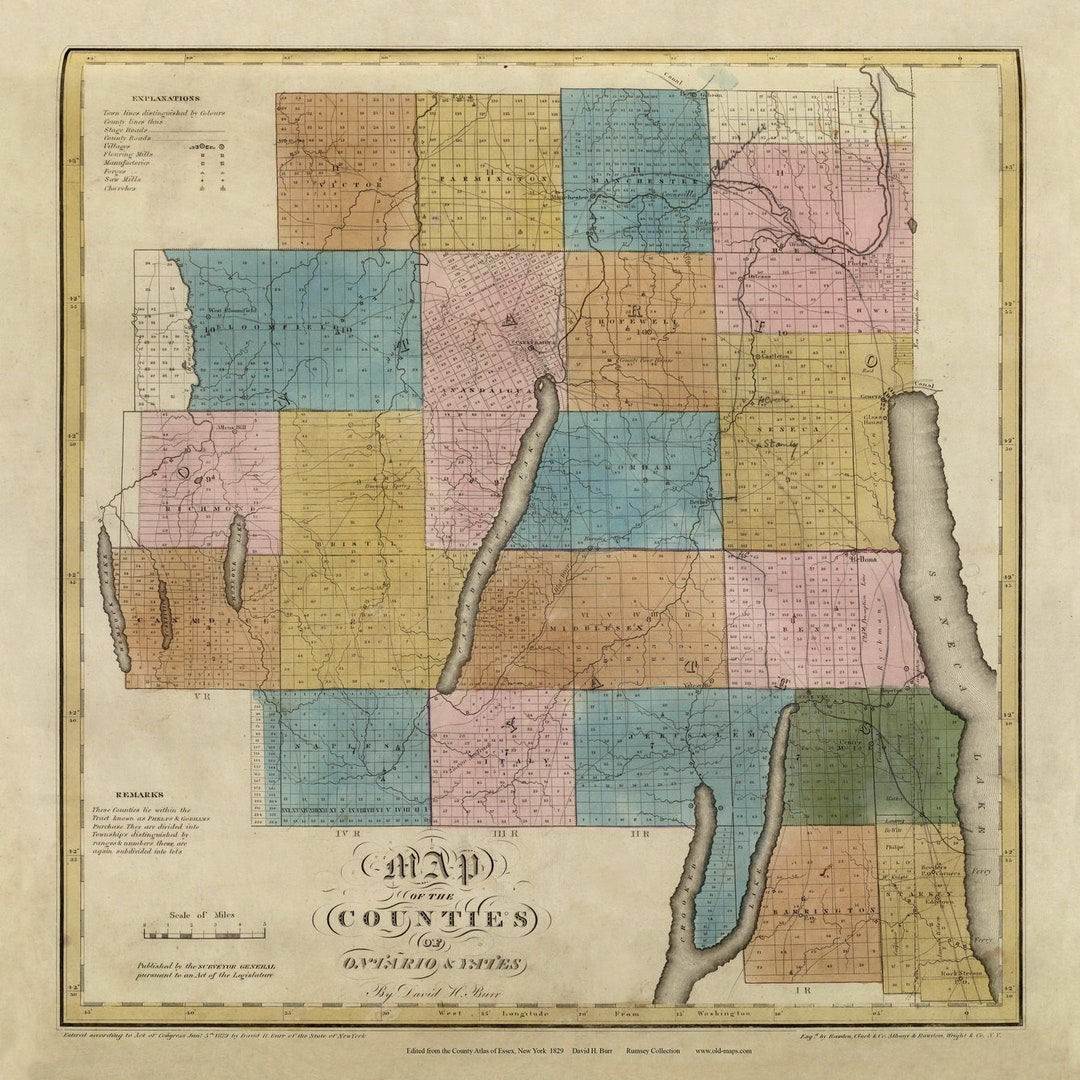 Ontario & Yates Counties 1829 Finger Lakes Lot Lines Old Map Reprint ...