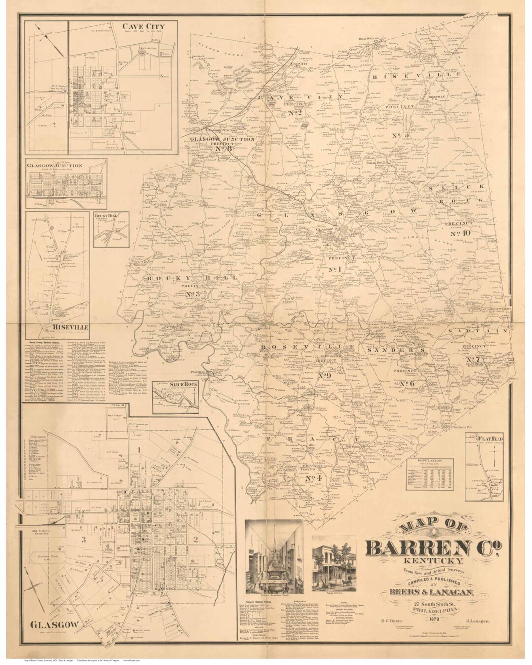 Barren County Kentucky 1877 - Wall Map With Homeowner Names - Reprint ...