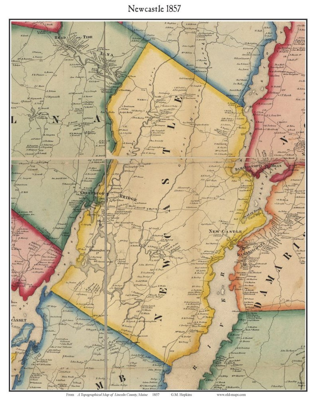 New Castle 1857 Old Town Map With Homeowner Names Maine Sheepscot ...