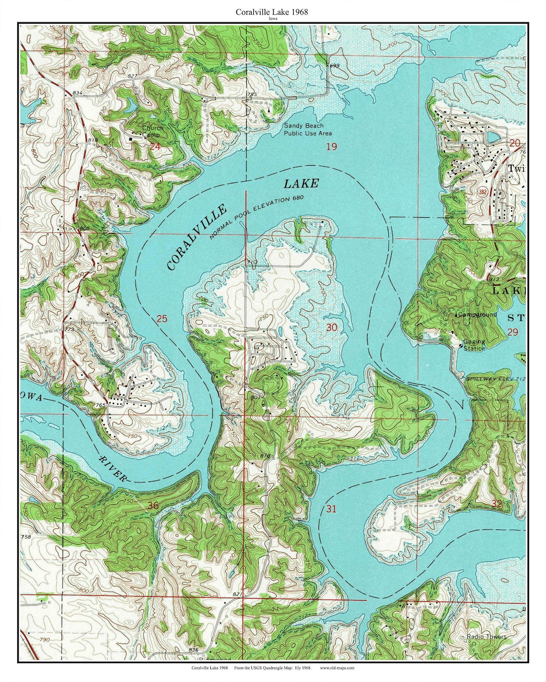 Coralville Lake 1968 Old Map Topo Custom Composite USGS Reprint Iowa - Etsy