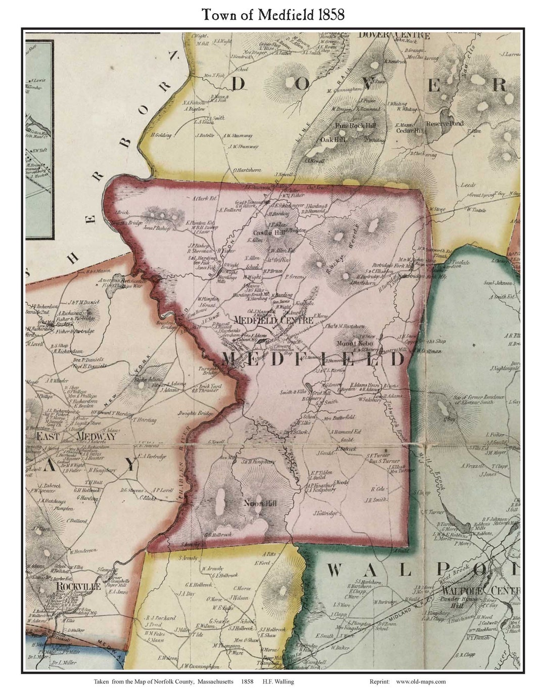 Medfield, Massachusetts 1858 Old Town Map With Homeowner Names ...