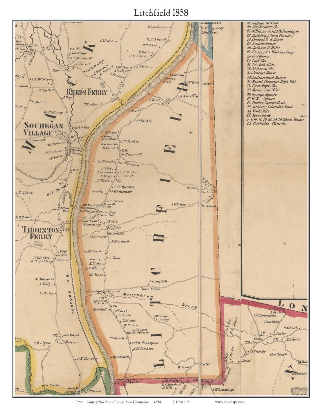 Litchfield 1858 Old Town Map With Homeowner Names New Hampshire ...