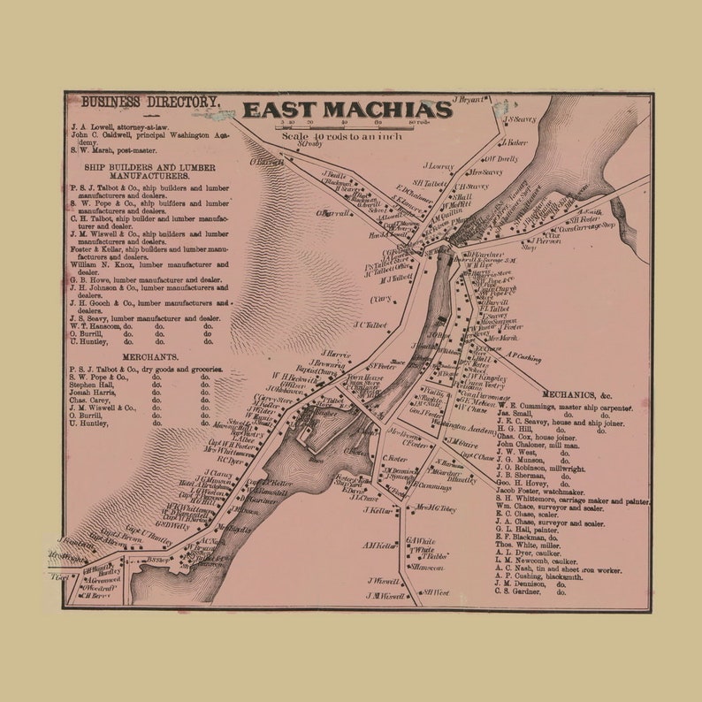 East Machias Village 1861 Old Town Map With Homeowner Names Maine ...