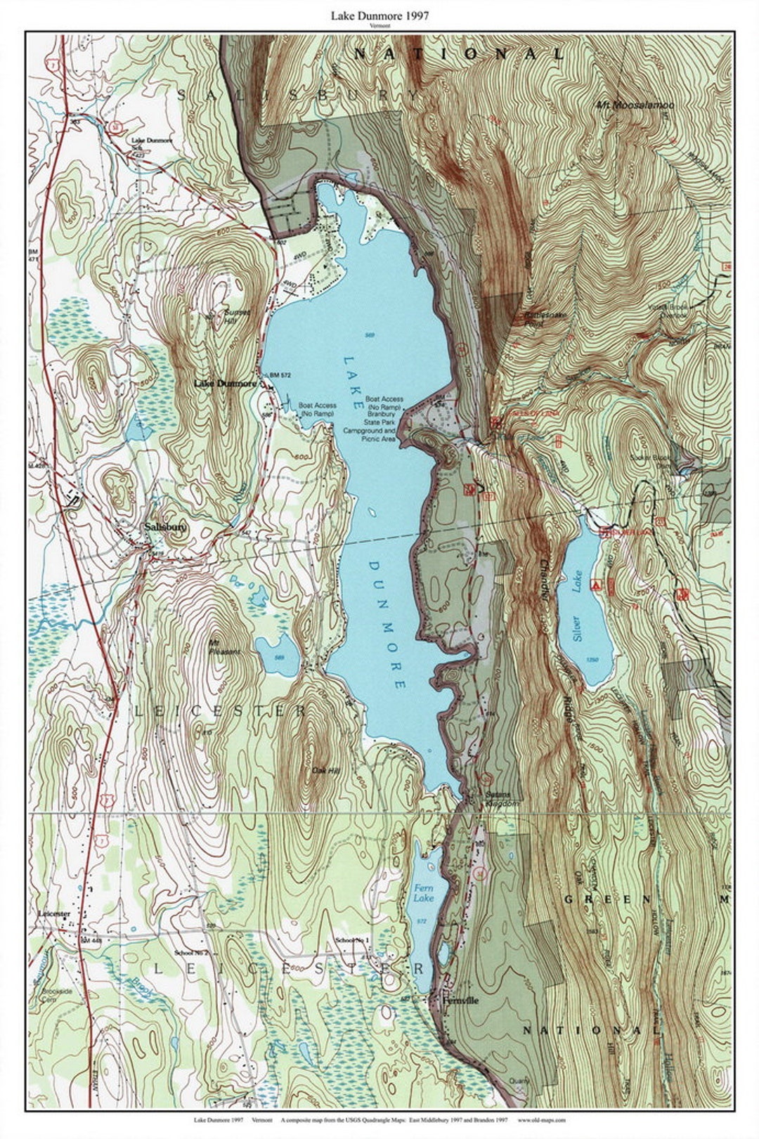 Lake Dunmore - 1997 Old Topographic Map Salisbury Leicester Fern Lake ...