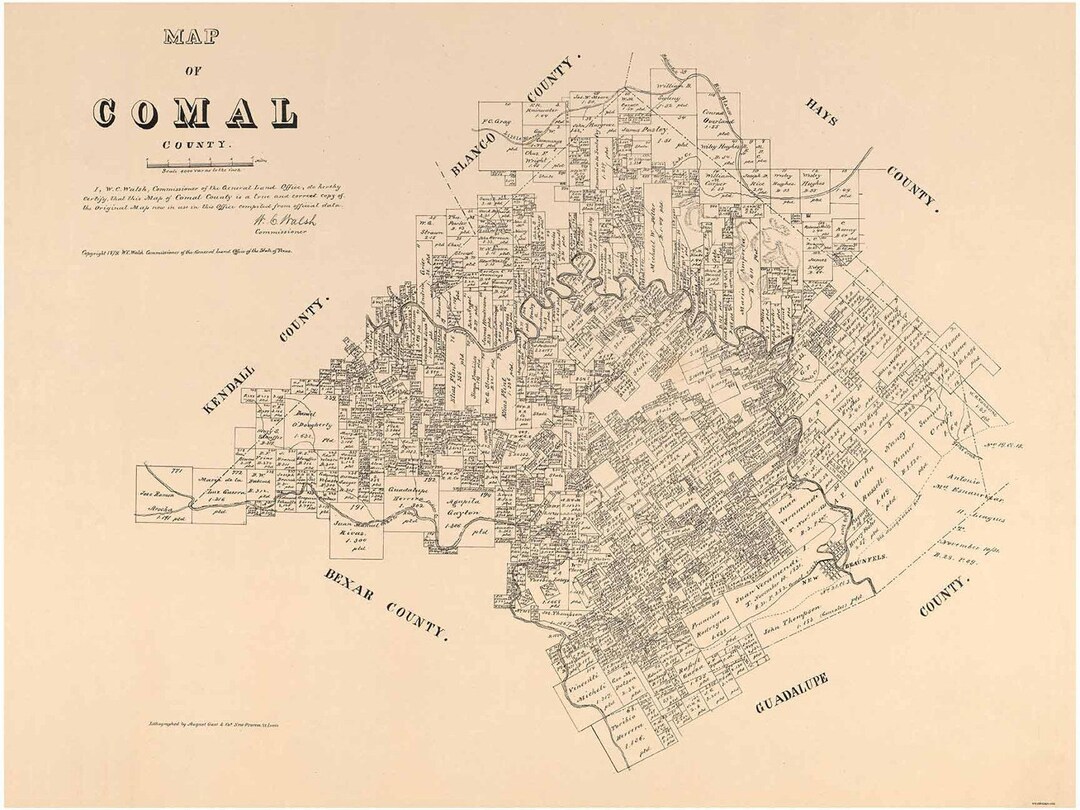 Comal County, Texas 1879 Old Wall Map Reprint With Land Owners Names ...