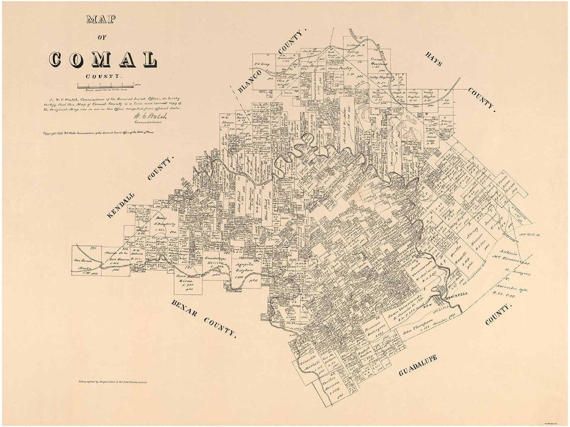 Comal County Texas 1879 Old Wall Map Reprint With Land | Etsy