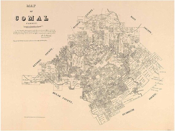 Comal County Texas 1879 Old Wall Map Reprint With Land | Etsy