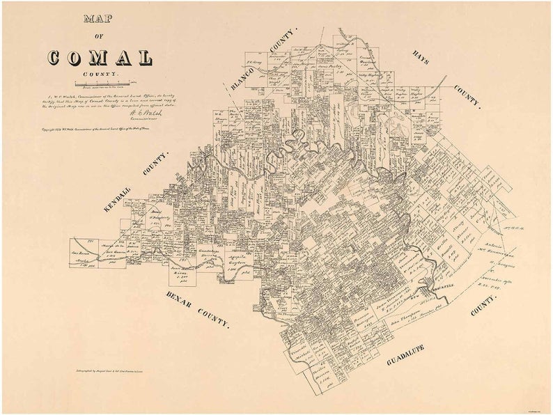 Comal County Texas 1879 Old Wall Map Reprint With Land | Etsy