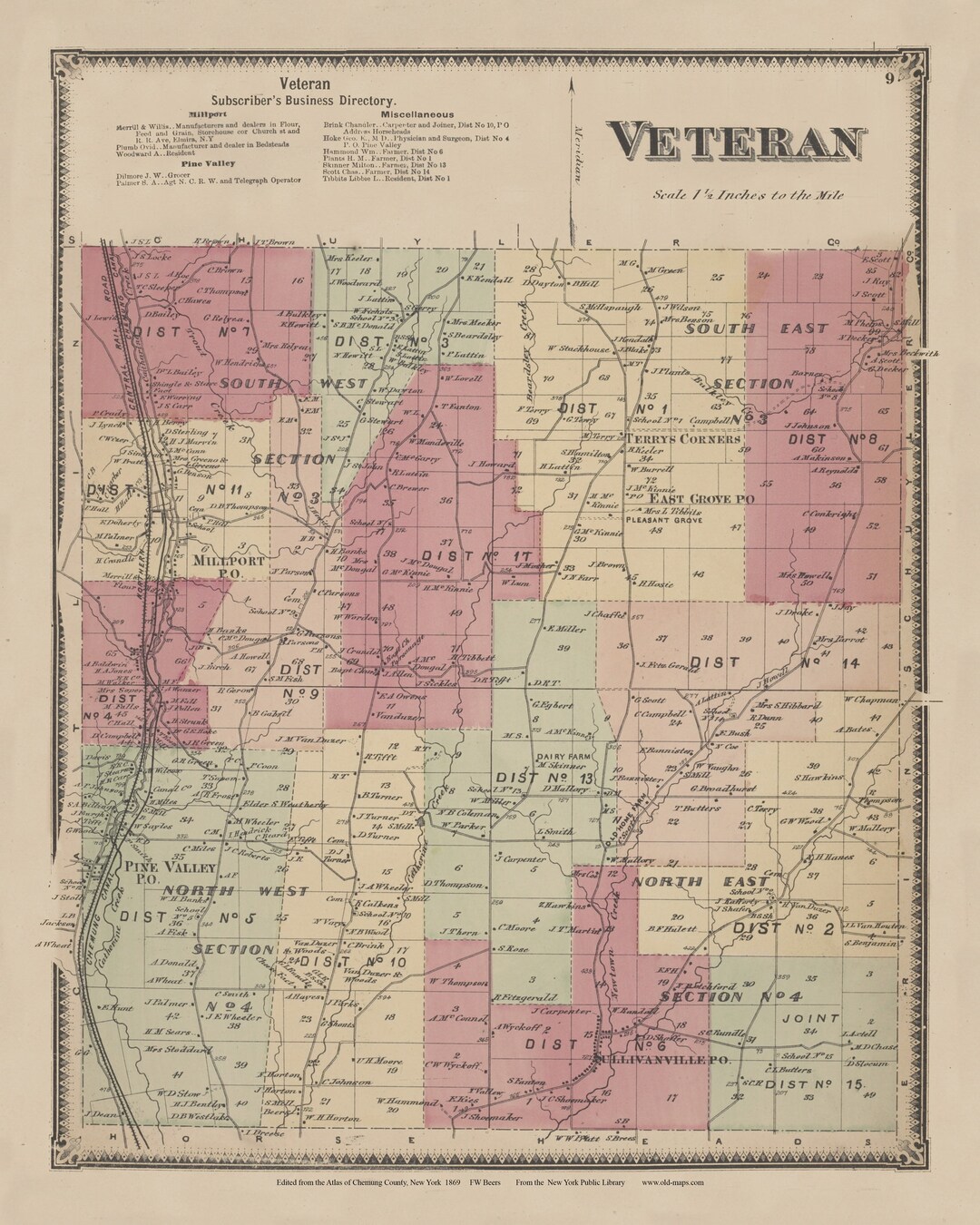 Veteran 1869 Sullivanville Millport Terrys Corners Old Map Homeowner ...