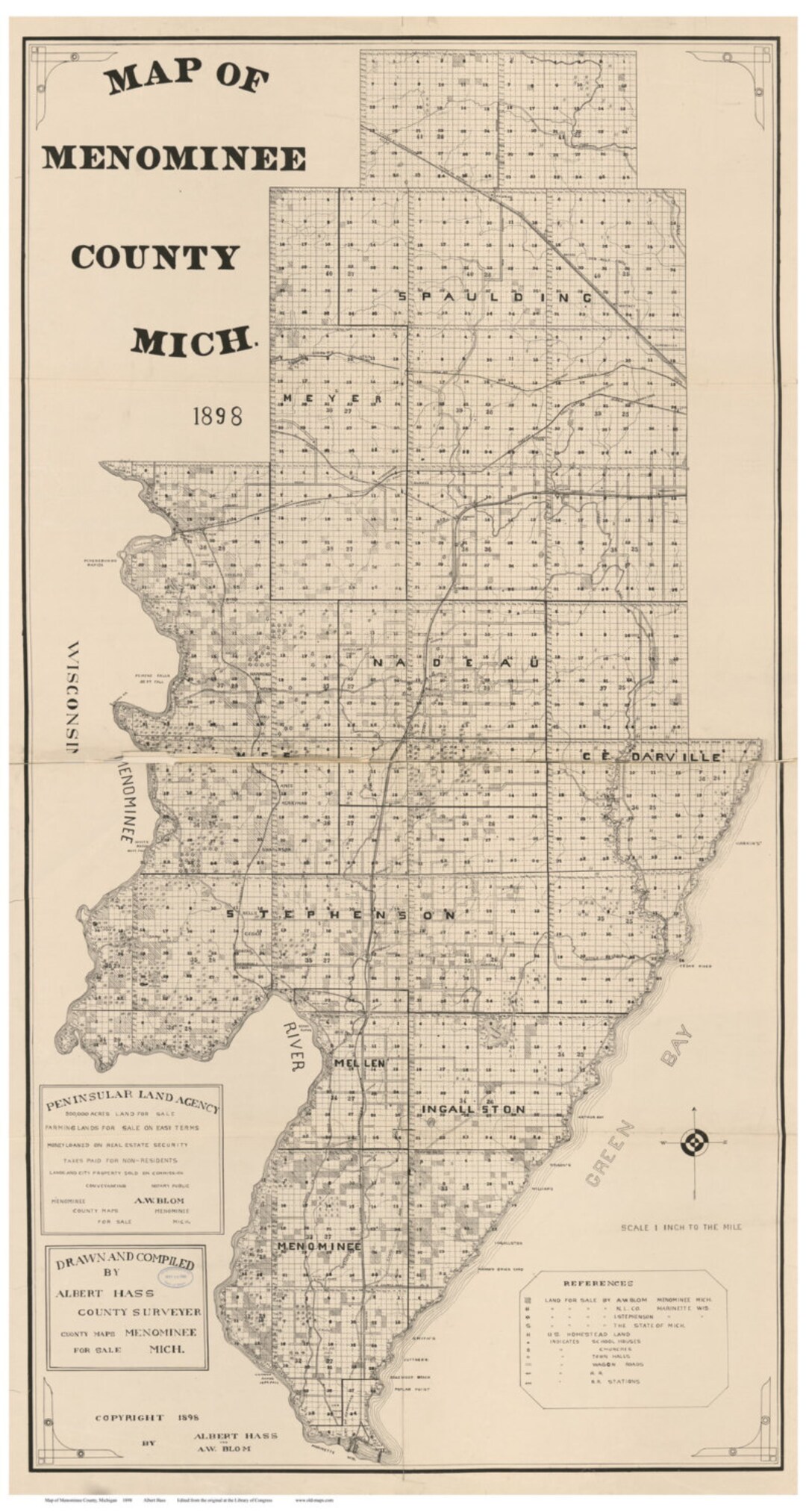 Menominee County Michigan 1898 - Wall Map Reprint With Homeowner Names ...