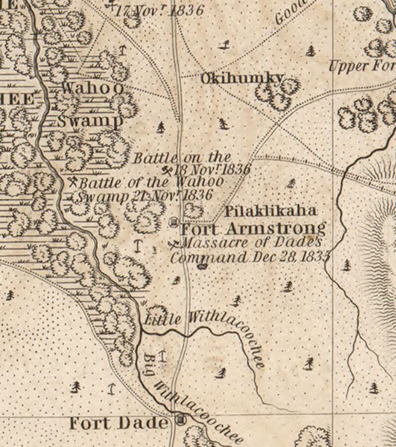 Florida 1838 Map Seat of War Seminole War US Army Reprint 1843 Regional ...