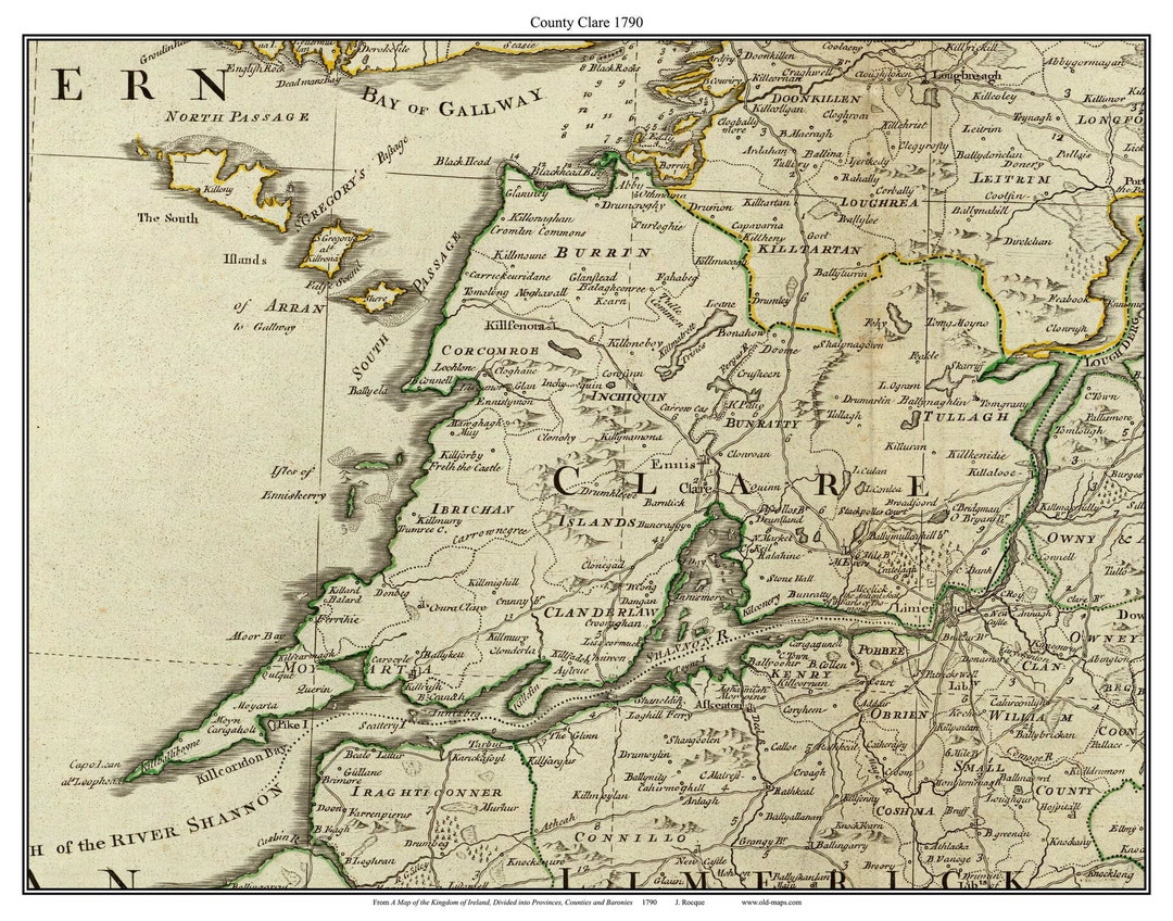 County Clare - Ireland - From 1790 Roque Map - Clan Names - Old Map ...