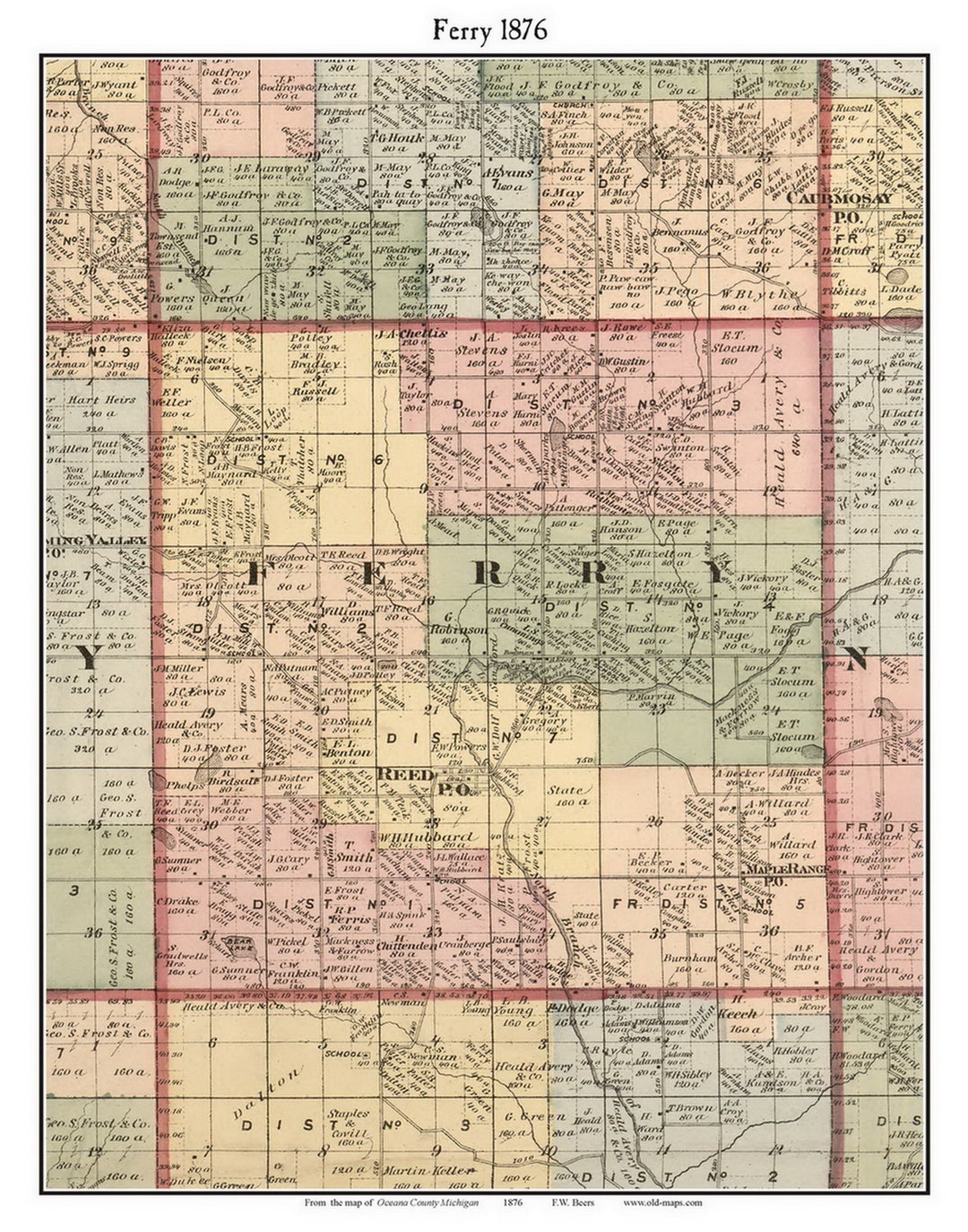 Ferry 1876 Old Town Map With Homeowner Names - Michigan - Reprint ...