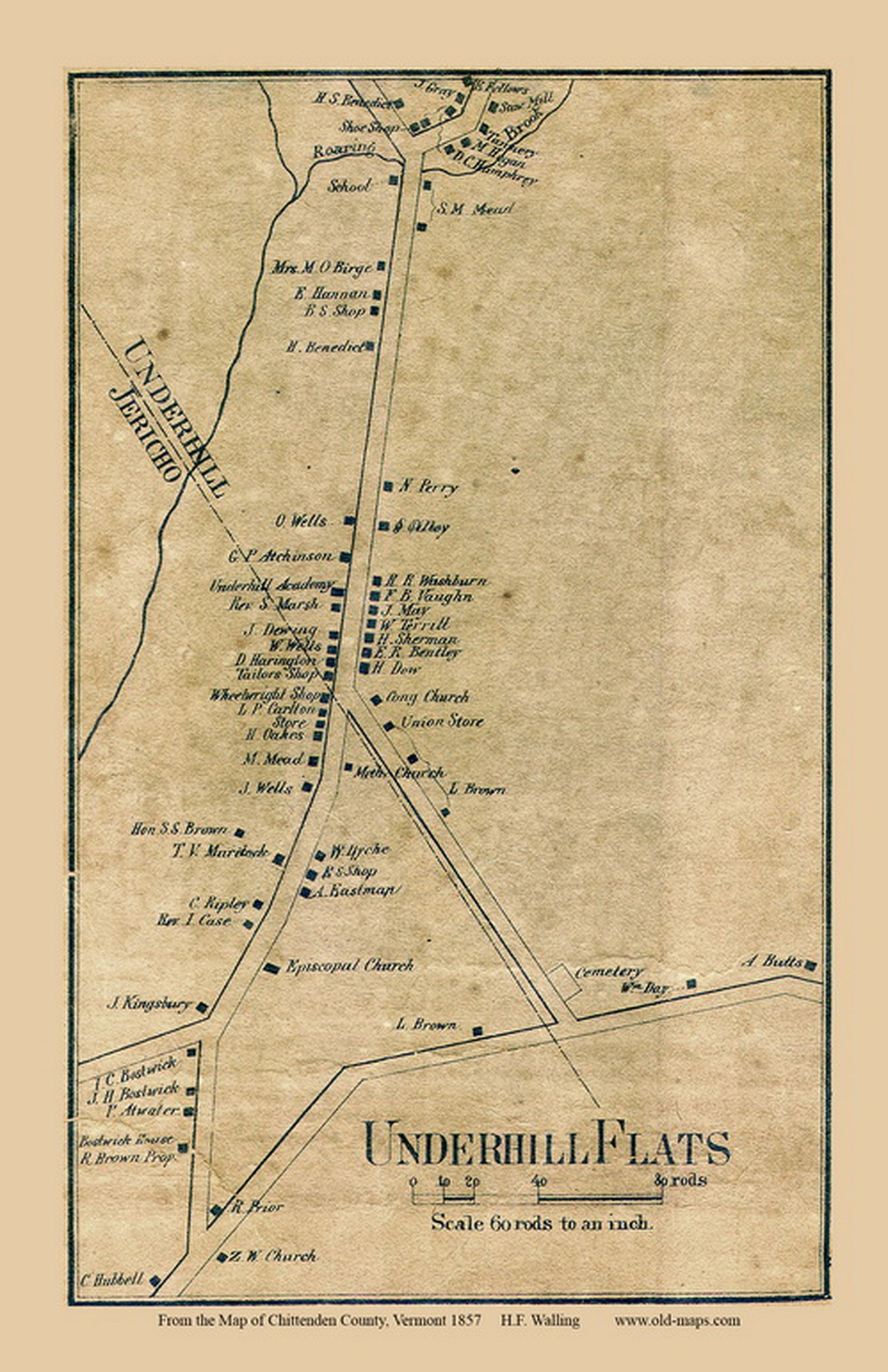 Underhill Flats 1857 Old Town Map With Homeowner Names Vermont Reprint ...