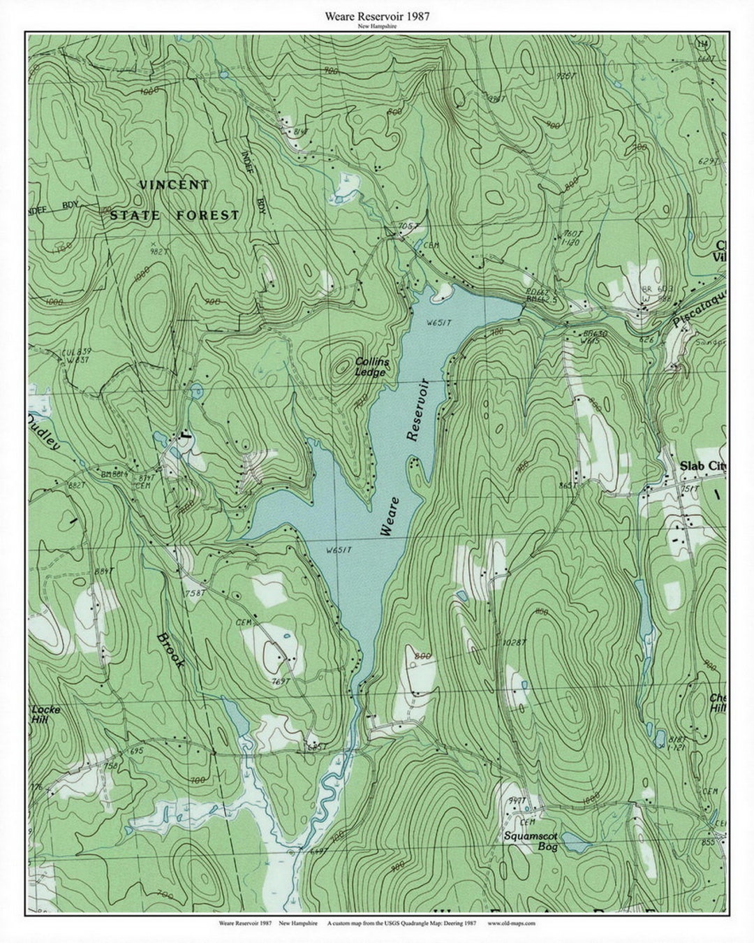Weare Reservoir 1987 Old Topographic Map Slab City Squamscot Bog USGS ...