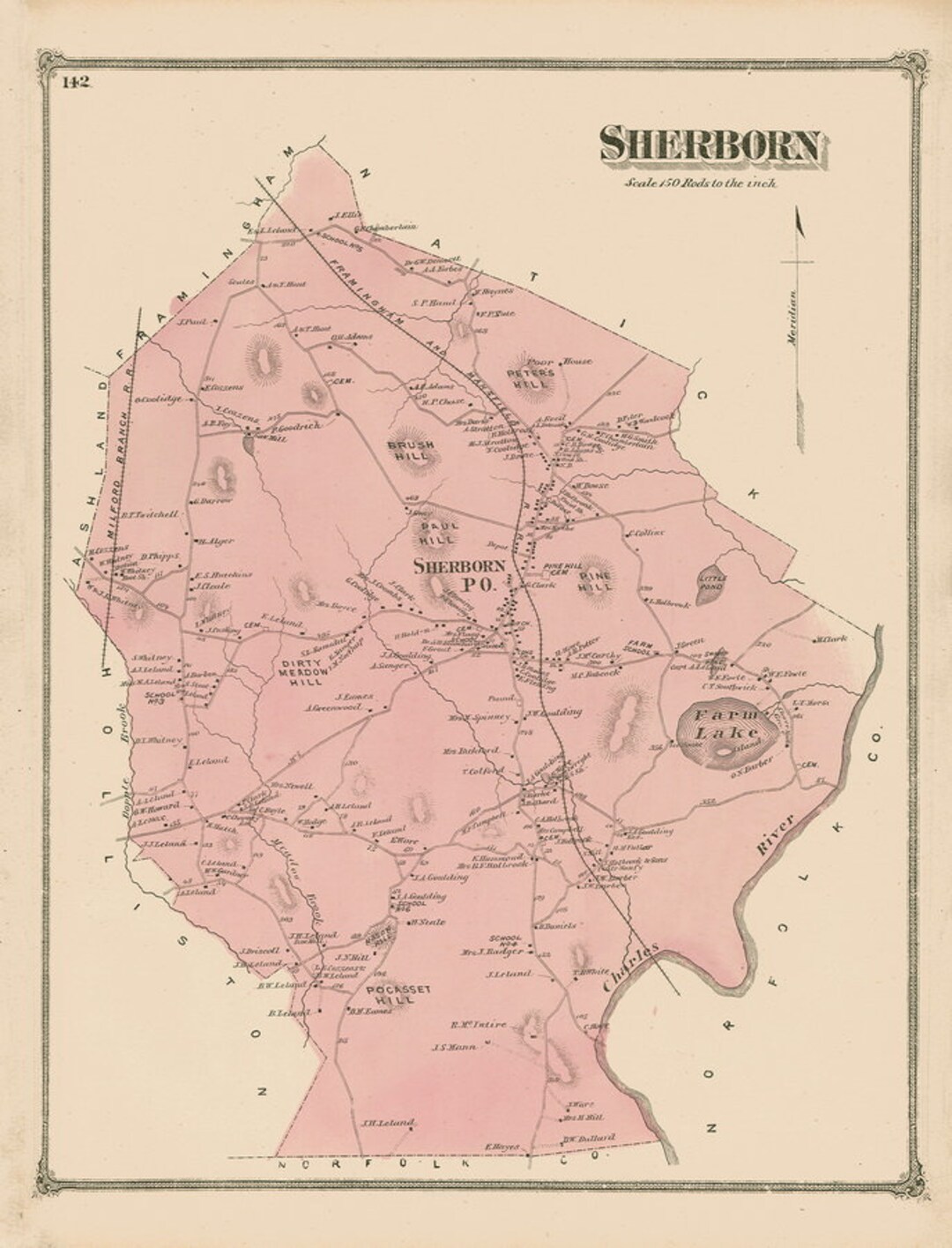 Sherborn 1875 Old Town Map Reprint Middlesex County - Etsy