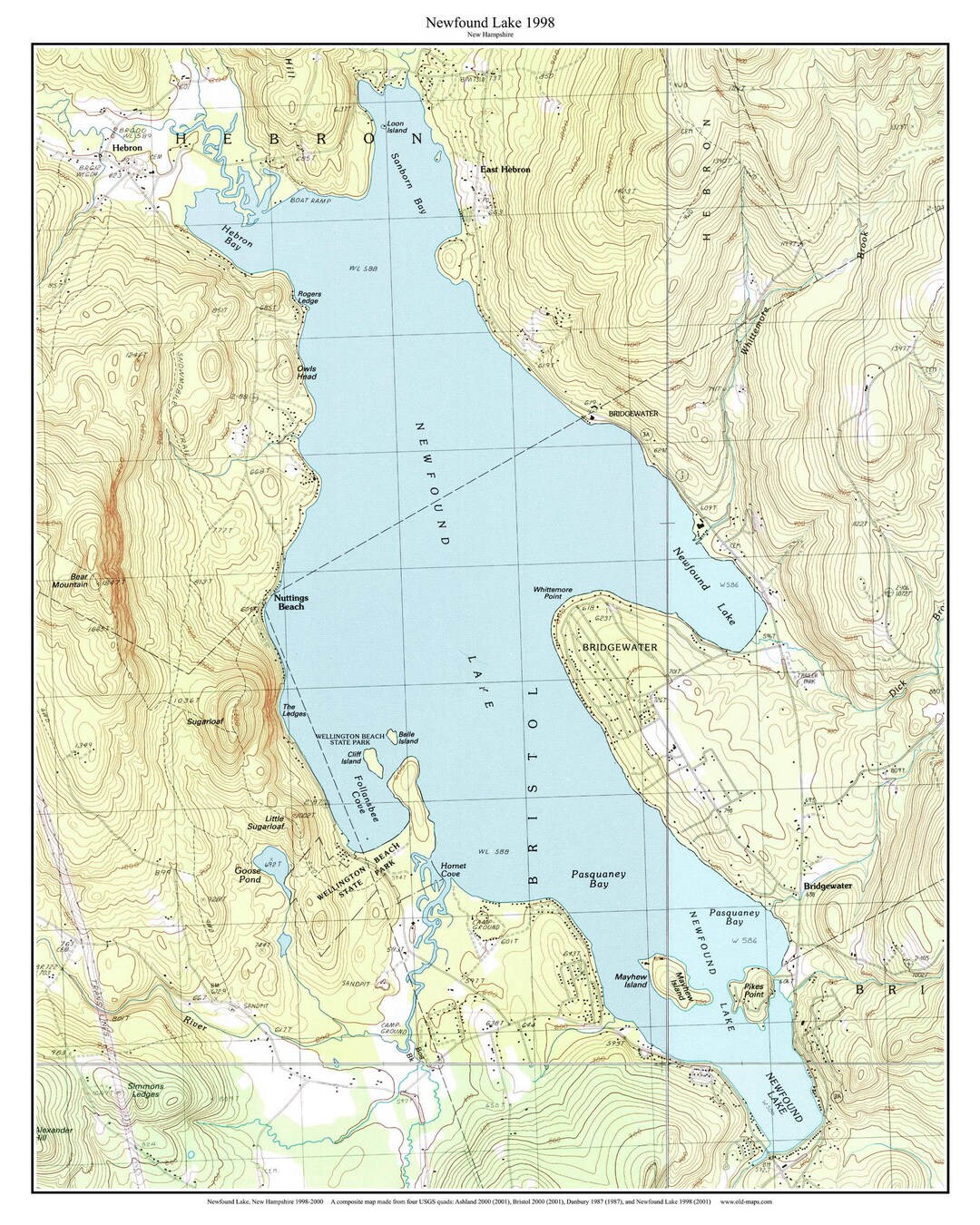 Newfound Lake - 1998 Old Topographic Map by USGS Custom Composite ...