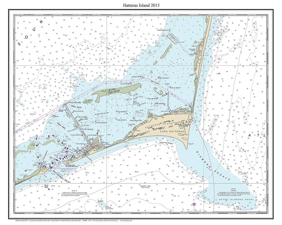 Cape Hatteras Island 2015 - Nautical Map North Carolina- Custom Print ...