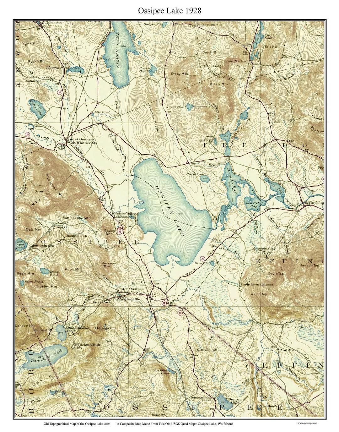 Ossipee Lake - 1928 Old Topographic Map by USGS Custom Composite ...