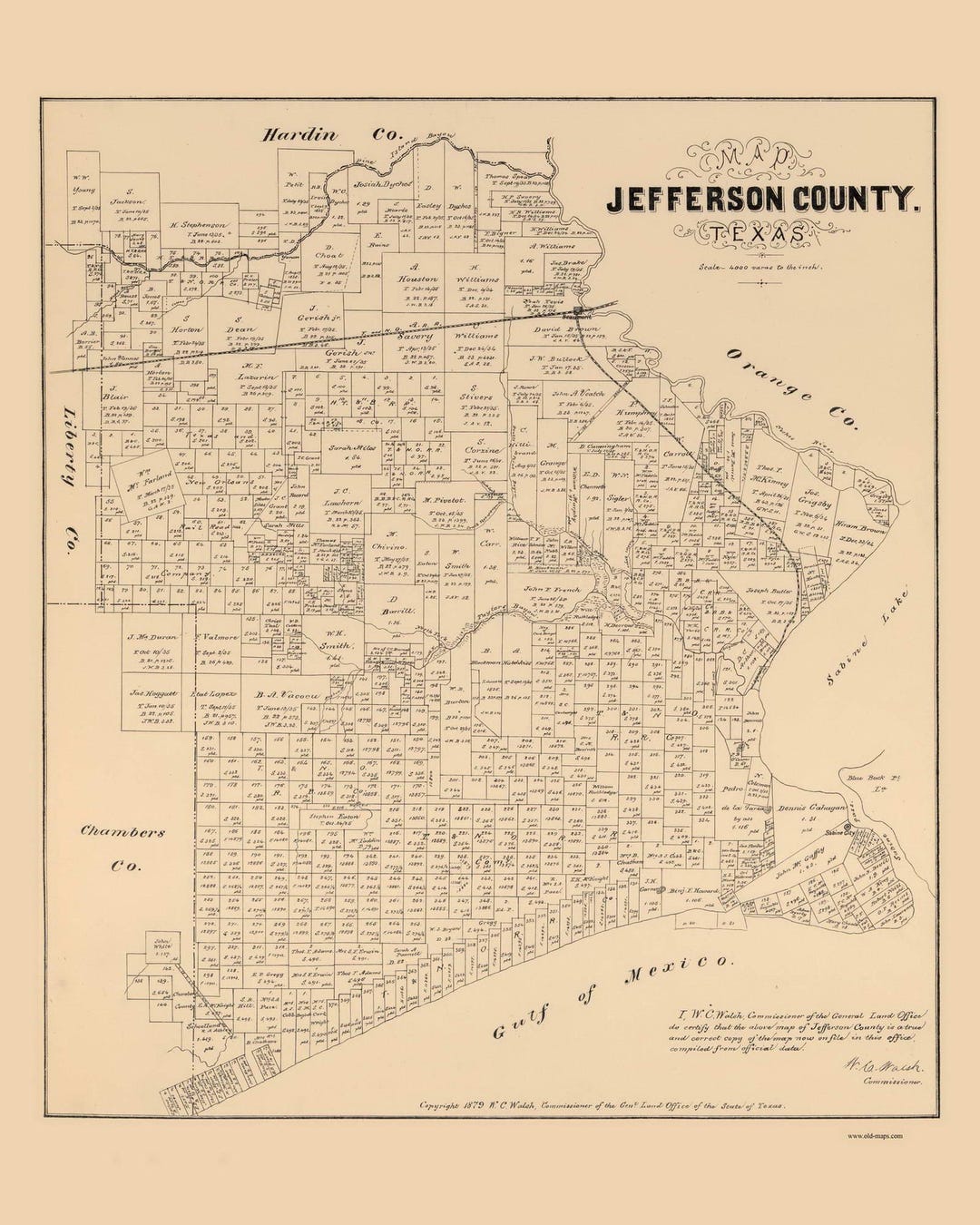Jefferson County, Texas - 1879 - Old Wall Map Reprint With Land Owners ...