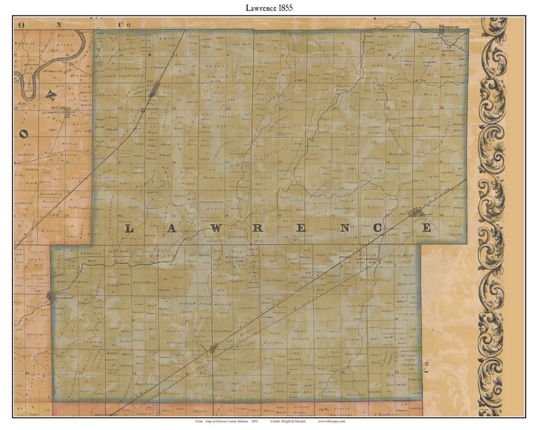 Lawrence 1855 Old Town Map With Homeowner Names Indiana Oakland ...