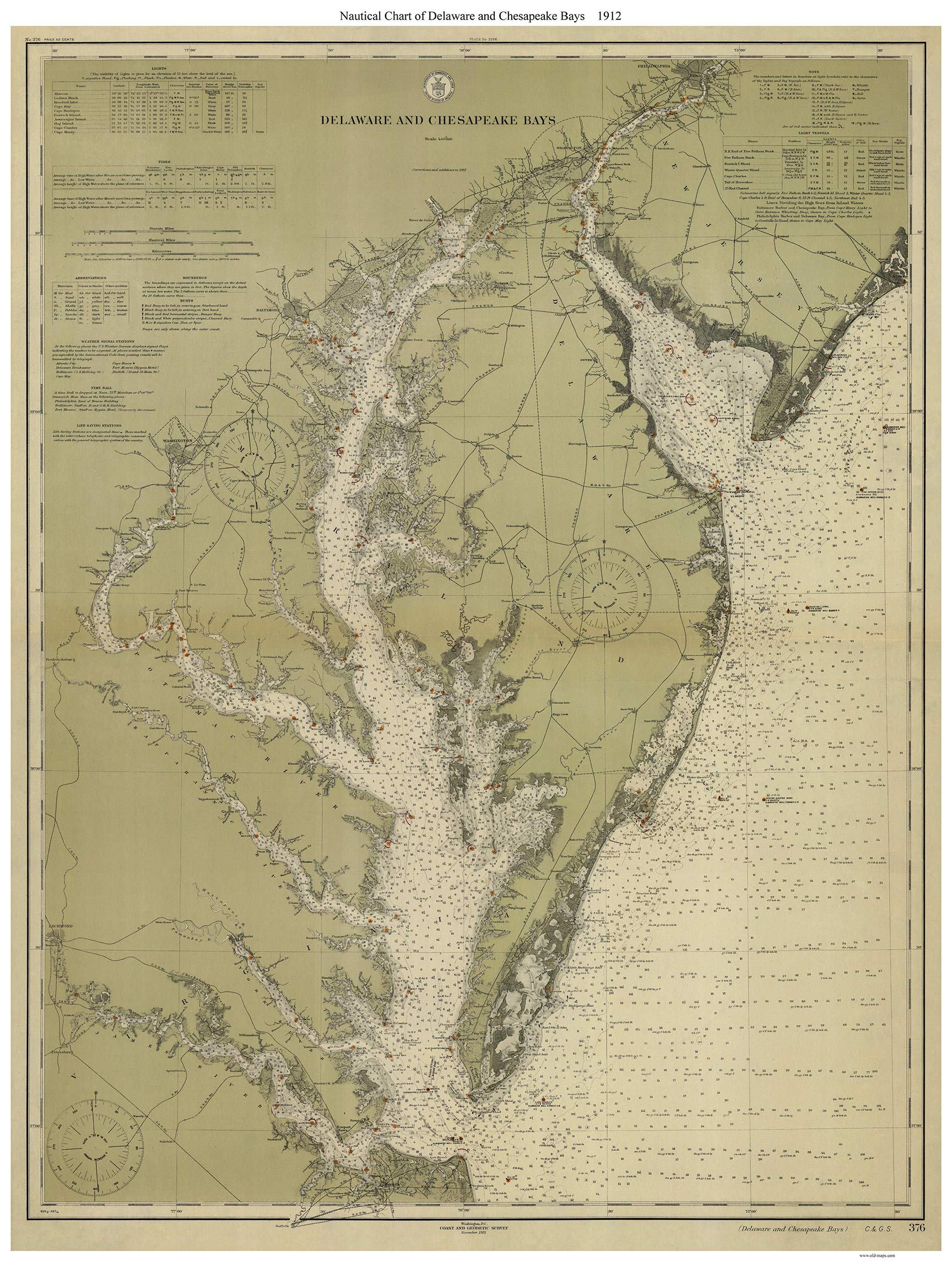 Delaware and Chesapeake Bays (delmarva Peninsula) - 1912 Nautical Map ...