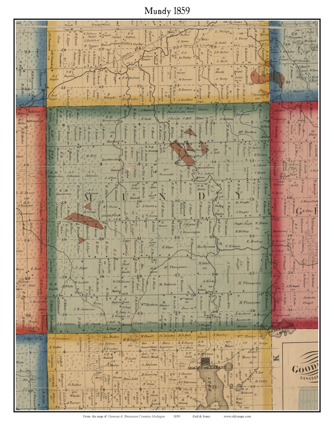 Mundy 1859 Old Town Map With Homeowner Names Michigan - Reprint ...