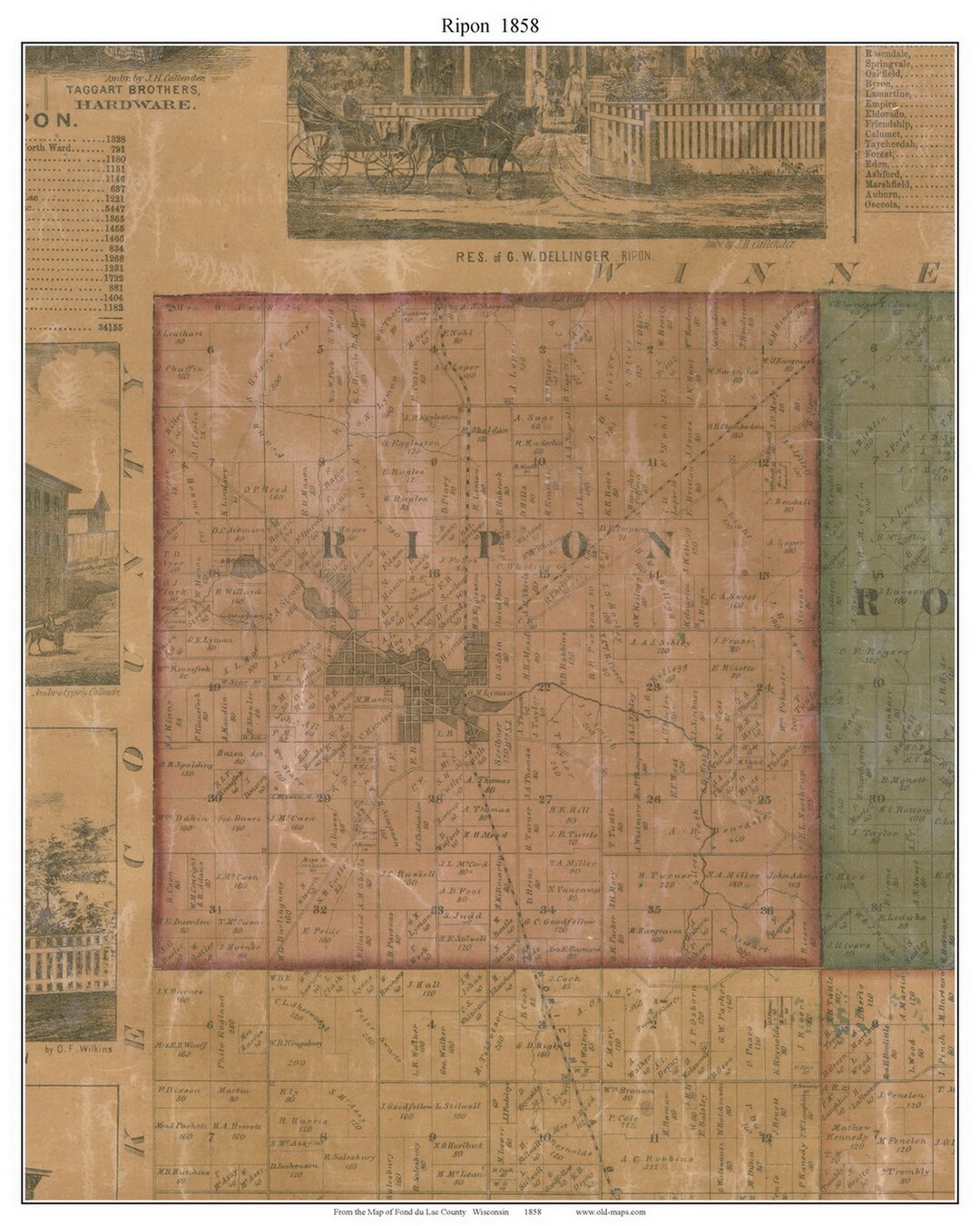 Ripon 1858 - Old Town Map With Homeowner Names - Arcade - Wisconsin ...