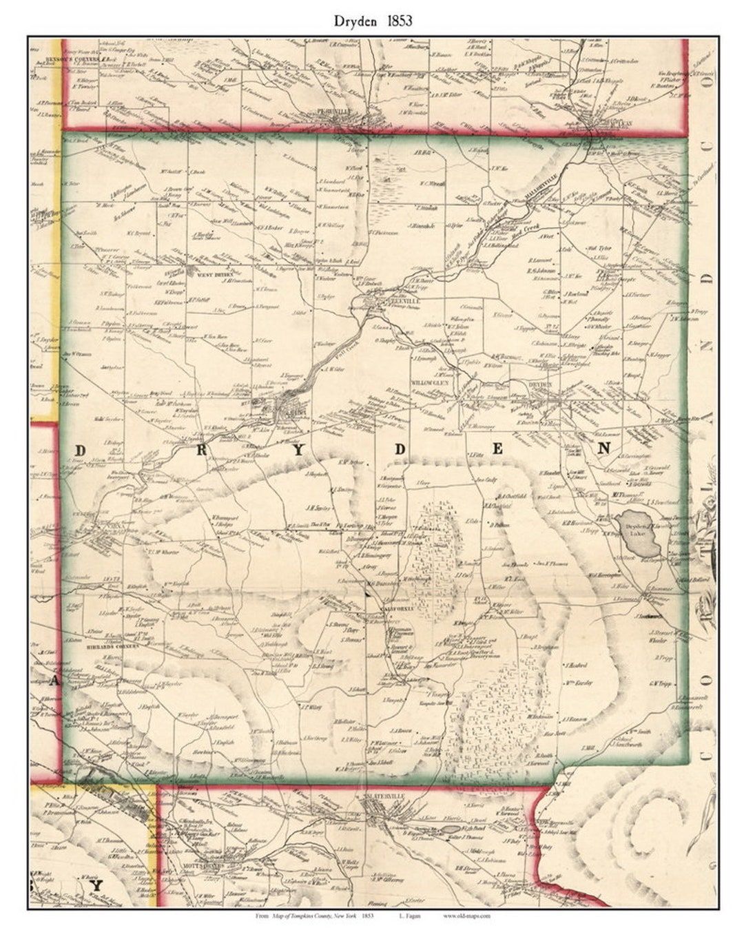 Dryden 1853 Old Town Map With Homeowner Names New York Dryden Lake Etna ...