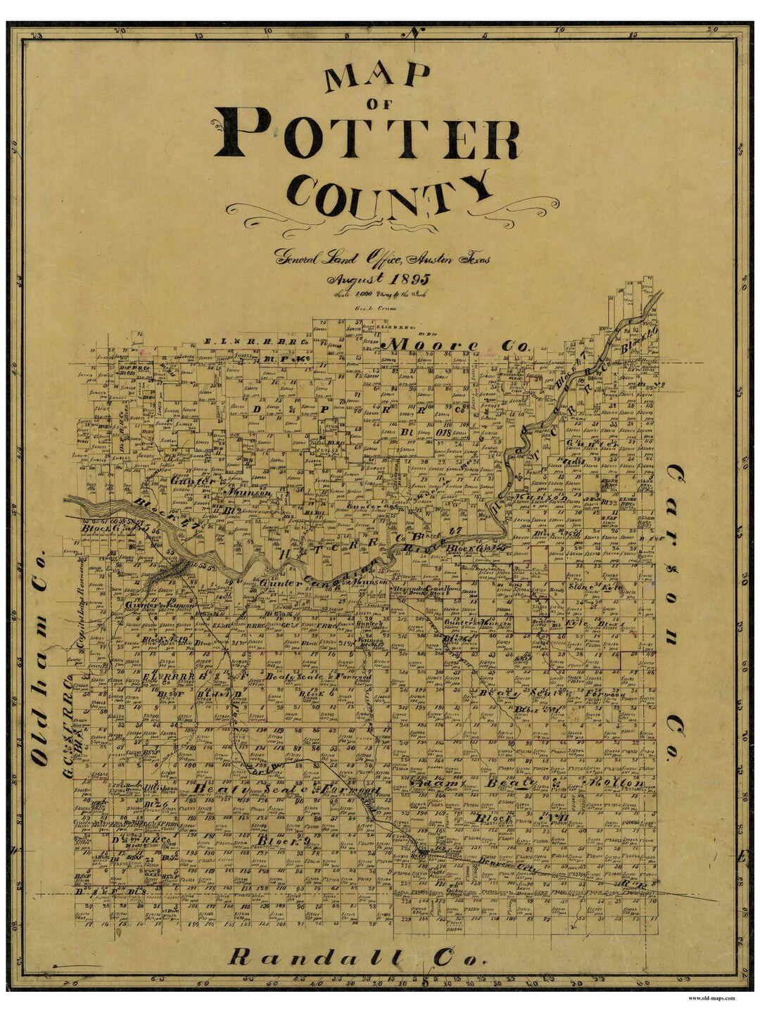 Potter County, Texas 1895 Old Wall Map Reprint With Land Owners Names ...